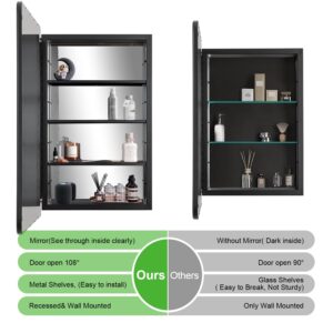 YOOSHINE Black Bathroom Medicine Cabinet with Mirror 17 x 27 Metal Frame Recessed Or Wall Mounted Single Door Storage Medicine Cabinets with Adjustable Shelves Rounded Corner Beveled Mirrors