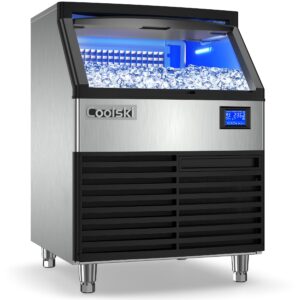 coolski commercial ice maker machine 200lbs/24h, 26’’ under counter ice machine with 80lbs storage capacity, stainless steel ice maker for restaurant/bar/home, air cooled/clear ice cubes/etl approved