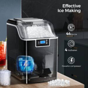 Ice Maker Countertop,Nugget Ice Maker with Self Cleaning,44lbs/Day,3.3lbs 1.5-Hour one Basket,24H Timer,LED Crushed Ice Maker for Home Bar Party,Stainless Steel Black