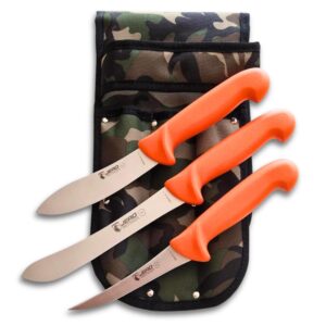 jero hunter knife set with camo scabbard - orange handles with high-carbon stainless blades - narrow butcher, deer skinner and boning knife