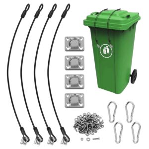 jaeskeclip 4sets trash can lock kit, garbage can lock, trash safe, with rubber coated braided wire rope, stainless steel hasp, mounting hardware, self-tapping screws, for garden, park, outdoor