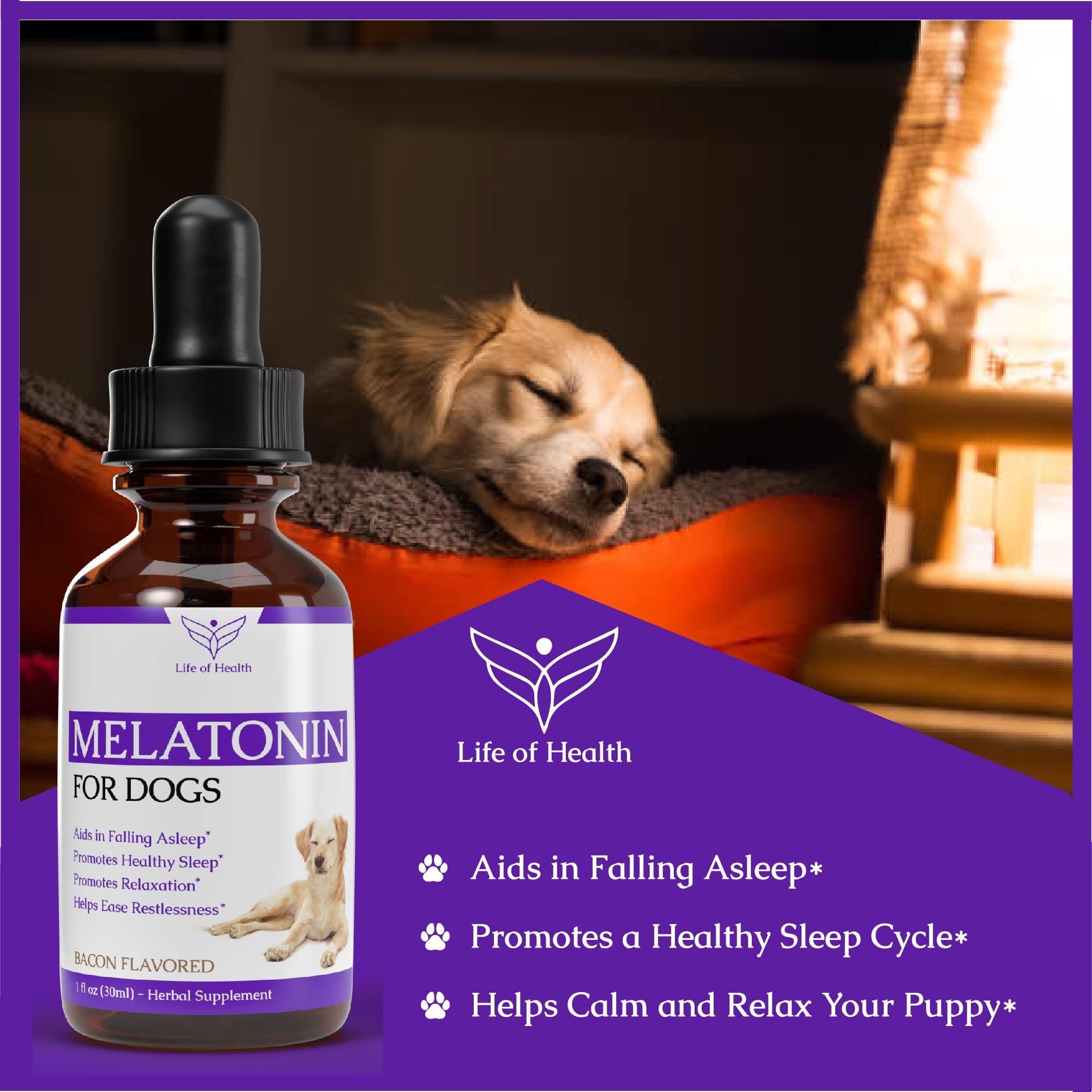 Dog Melatonin | Melatonin for Dogs | Melatonin for Dogs Sleep | Sleep Aid for Dogs | Dog Sleep Aid | Dog Calming | Calming for Dogs | Dog Calming Treats | Dog Anxiety Relief | 1 fl oz Bacon Flavor