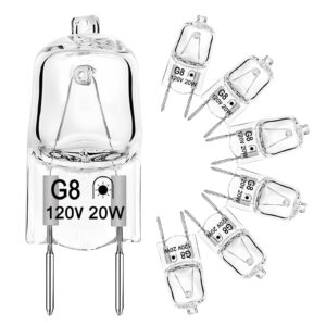 g8 halogen bulb 20w 120v t4 jcd type g8 base bi-pin xenon light bulbs, dimmable with long lasting lifespan, g8 halogen light bulbs for under cabinet puck lighting replacements, warm white, 6 packs