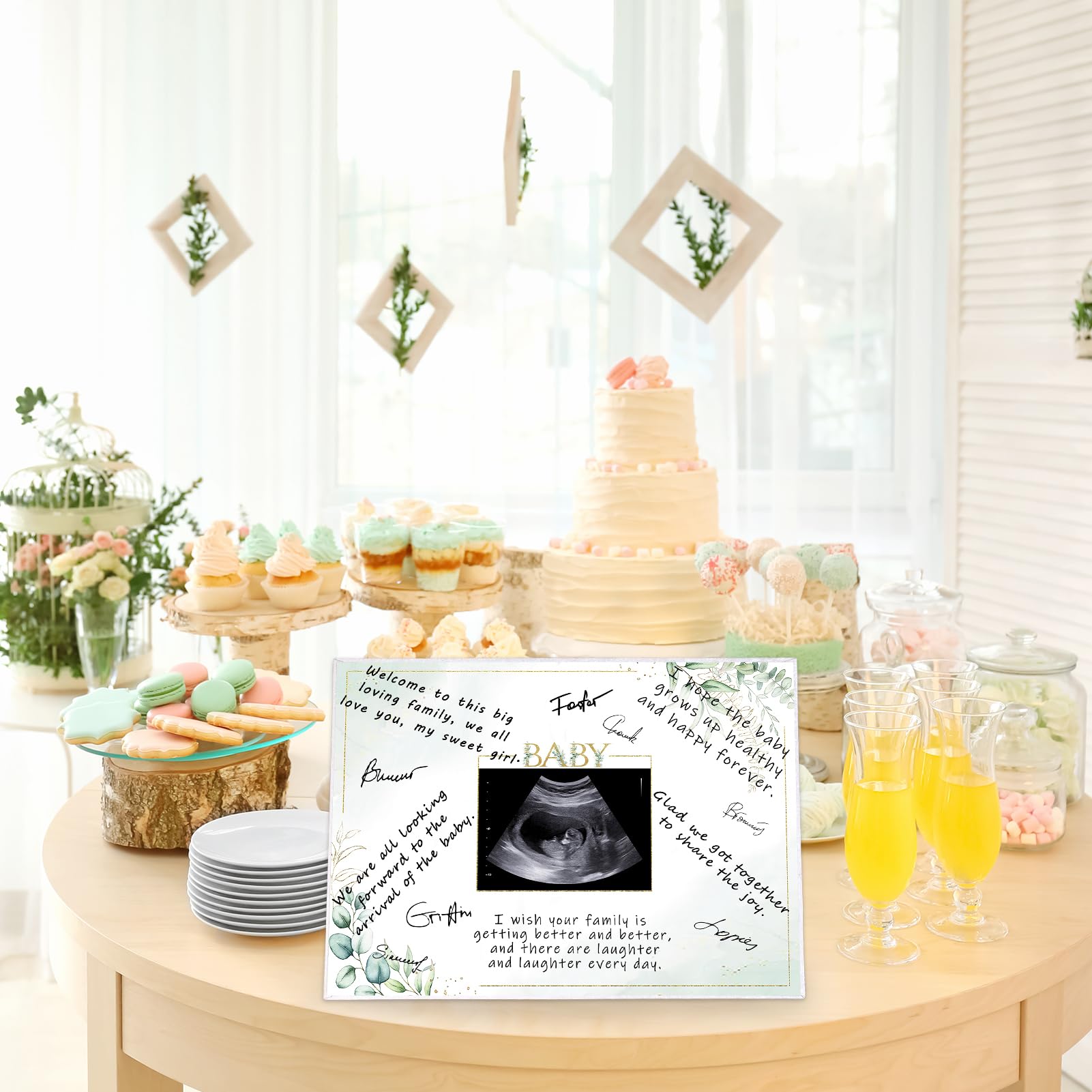 Vlipoeasn Baby Shower Guest Book Alternative, DIY Cute Baby Shower Signature Board with Stand, Baby Shower Party Decorations, Green and White Baby Shower Party Sign in Book