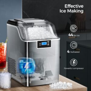 Nugget Countertop Ice Maker with Soft Chewable Pellet Ice, Self Cleaning,44lbs/Day,LED 24H Timer, with Ice Scoop and Ice Basket,Sonic ice for Home & Kitchen Bar Party,Stainless Steel Silver