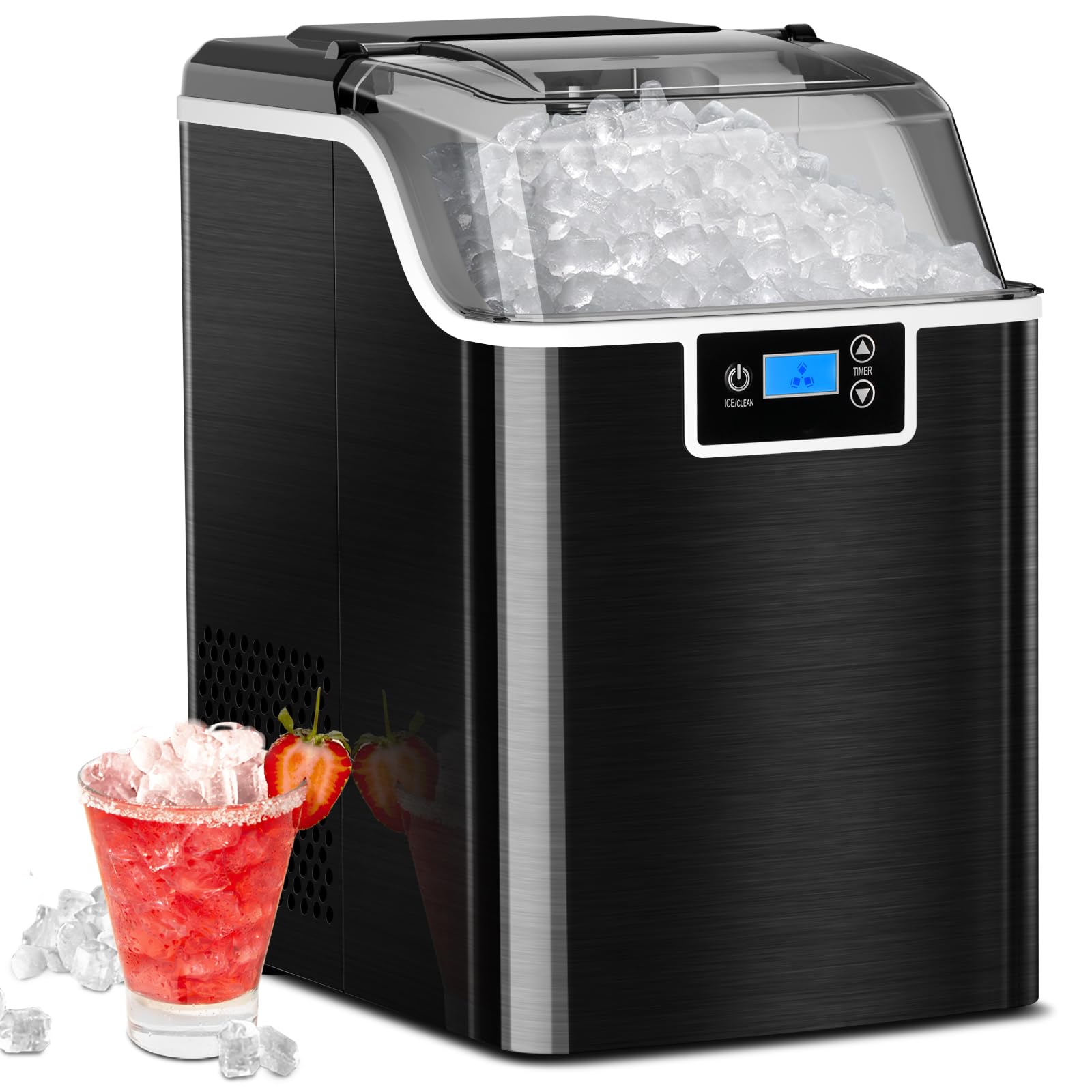 Ice Maker Countertop,Nugget Ice Maker with Self Cleaning,44lbs/Day,3.3lbs 1.5-Hour one Basket,24H Timer,LED Crushed Ice Maker for Home Bar Party,Stainless Steel Black