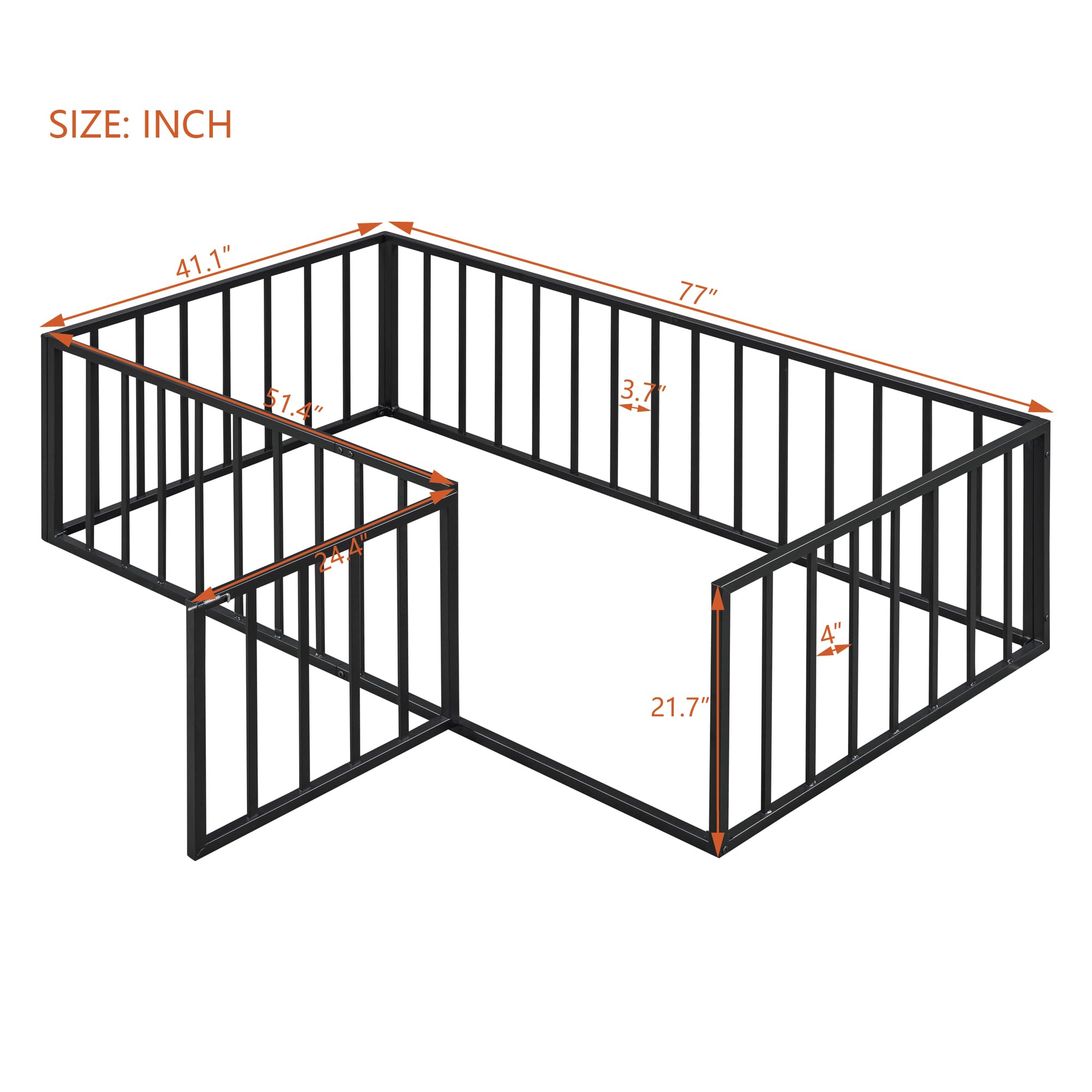 Twin Size Floor Bed for Kids, Montessori Beds with Rails and Door, Metal Playhouse Bed Frame with Fence for Boys Girls, Black