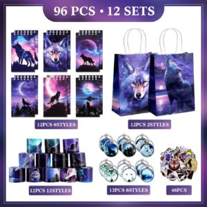 Abbylike 48 Pcs Wolf Party Favors Wolf Party Decor Wolf Birthday Party Supply Wolf Paper Bag Gift Wolf Mini Notebook Wolf Keychain Wolf Slap Bracelet Wolf Sticker for Wolf Party Baby Shower Holiday