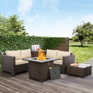 waroom 5 pieces patio furniture set pe wicker outdoor brown rattan sectional sofa loveseat couch conversation chair with storage bin coffee table and propane fire pit, anti-slip khaki cushion