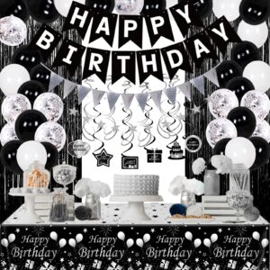 birthday decorations black and white for men women, 74pcs happy birthday balloons set for boys girls with bday tablecloth fringe curtains swirls for 16th 18th 21st 30th 35th 40th 45th 50th 60th 70th