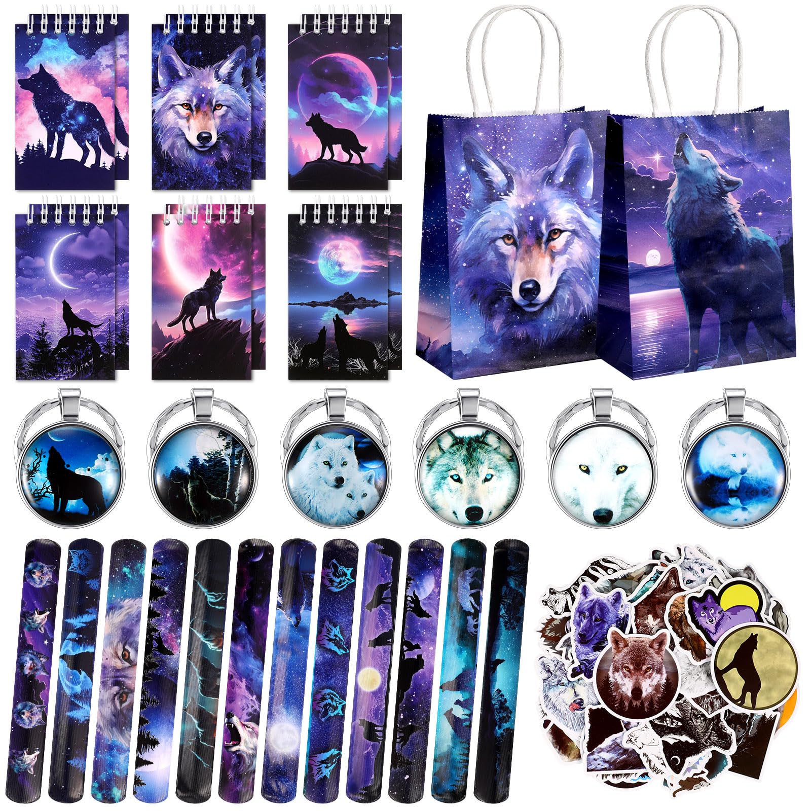 Abbylike 48 Pcs Wolf Party Favors Wolf Party Decor Wolf Birthday Party Supply Wolf Paper Bag Gift Wolf Mini Notebook Wolf Keychain Wolf Slap Bracelet Wolf Sticker for Wolf Party Baby Shower Holiday