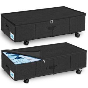 boailydi under bed storage with wheels & lid, 2pcs underbed storage container, 29.5 x 15.7 x 8.7 in tall, blankets clothes comforters shoe storage bag drawers, rolling zippered organizer bin -black