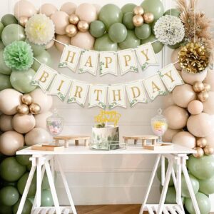 Sage Green Birthday Decorations, Olive Green Gold White Sand Balloons Happy Birthday Banner Tablecloth Gold Fringe Curtain Paper Pom Poms for Kids Women Men Girls Boys Birthday Green Party Decor