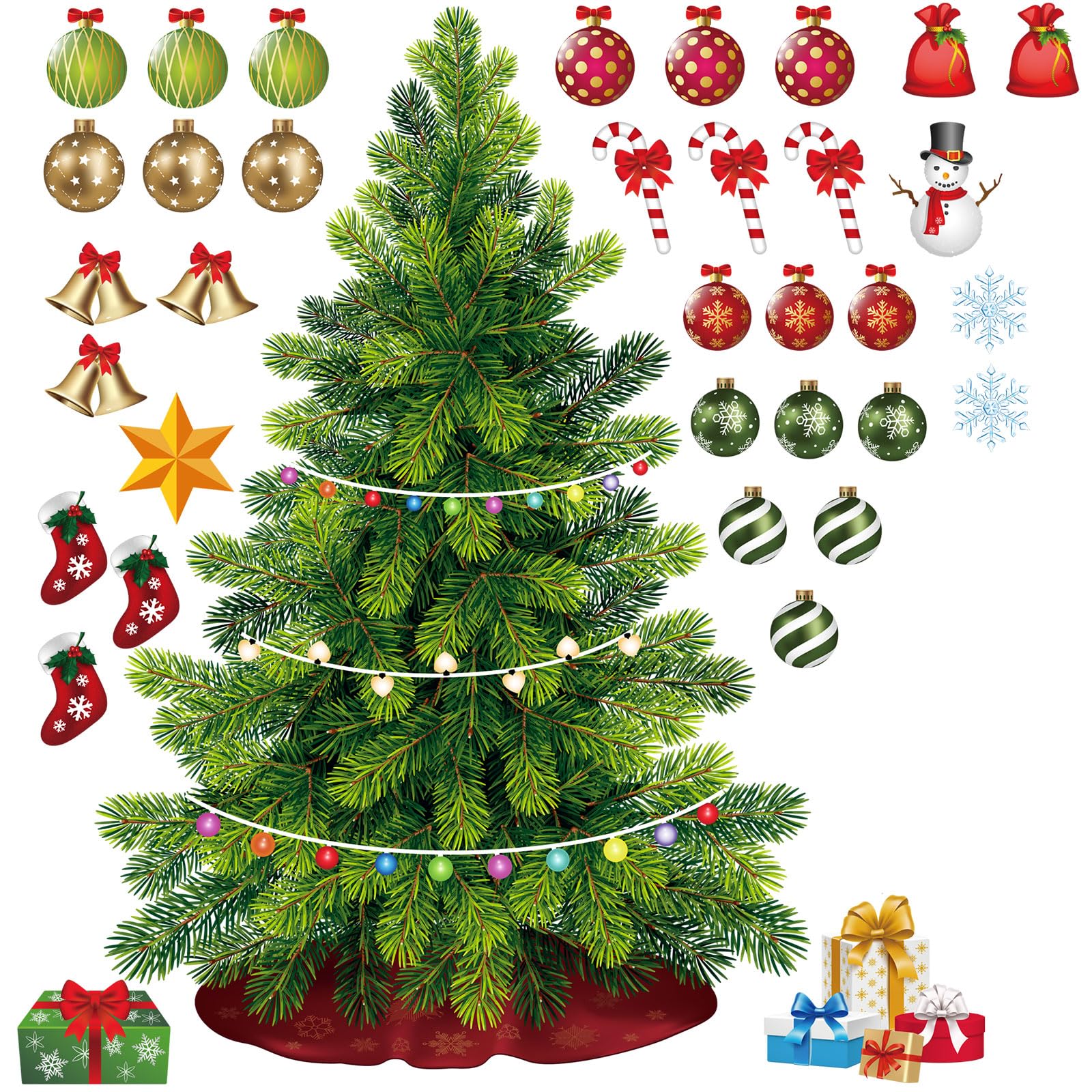 Cholemy 41 Pcs Christmas Tree Wall Sticker 36 x 26.27 Inch Vinyl Christmas Decoration Stickers Removable Xmas Balls Wall Decor Decal for DIY Art Window Living Room Bedroom Nursery School Cafe Hotel