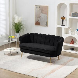 anwickjeff 59" Wide Modern Boucle Loveseat Small Sofa Small Mini Room Couch 2-Seater Sofa with Gold Metal Legs for Small Space Office Studio Apartment Bedroom (Black)