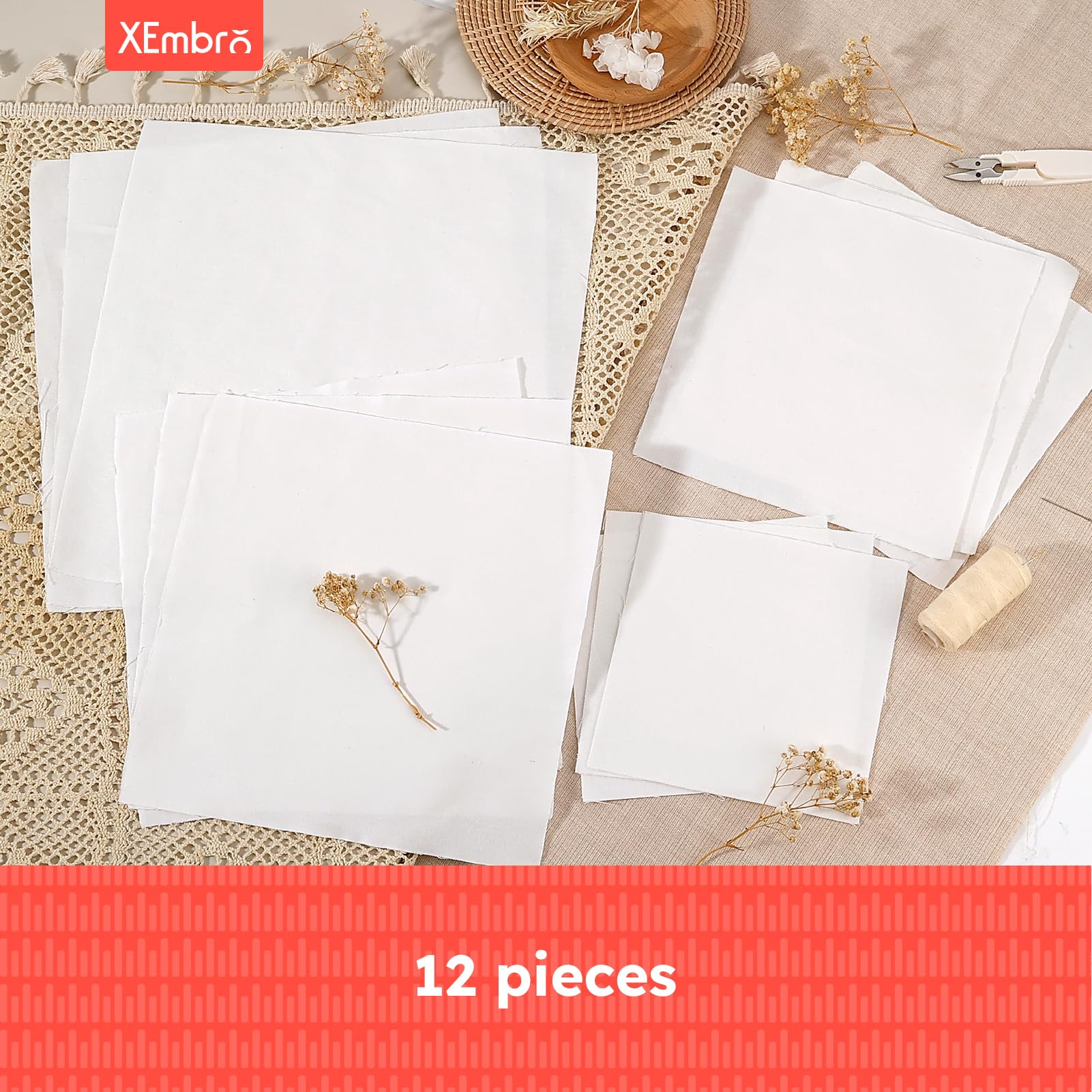 XEmbro 12 PCS White Embroidery Fabric, Pre-Cut Natural Cotton Embroidery Cloth Fabric, 4 Sizes Embroidery Cloth Squares for Embroidery Garment Craft (5.9 to 11.8inch)