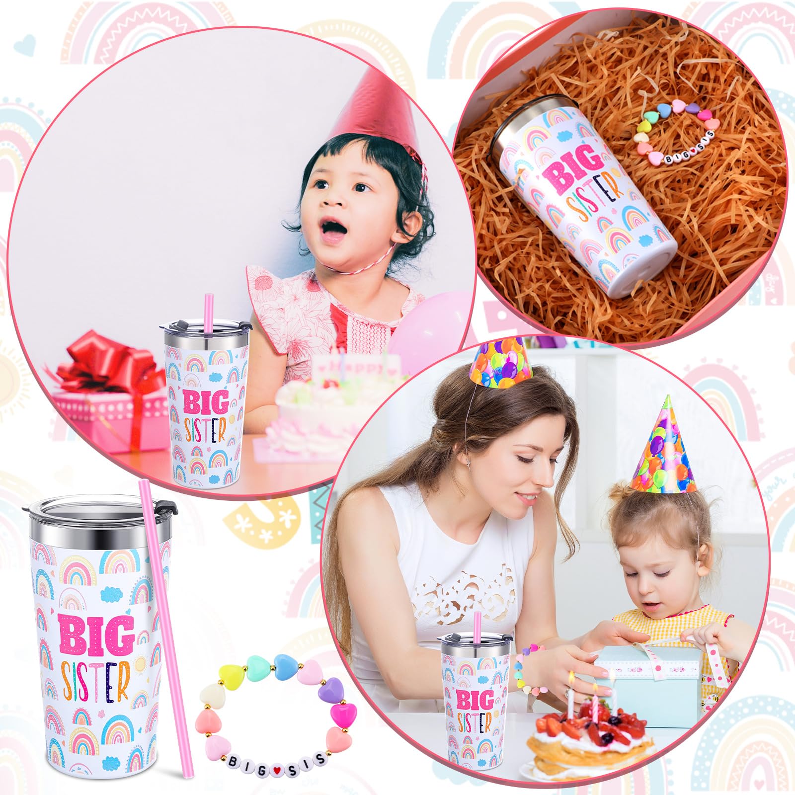 Maxcheck 2 Pcs Sister Gift 12 oz Pink Sister Cup Stainless Steel Mug Vacuum Insulated Tumbler with Leak Proof Lid and Straw Sister Bracelet Sister Announcement Jewelry for Little Girl (Big Sister)