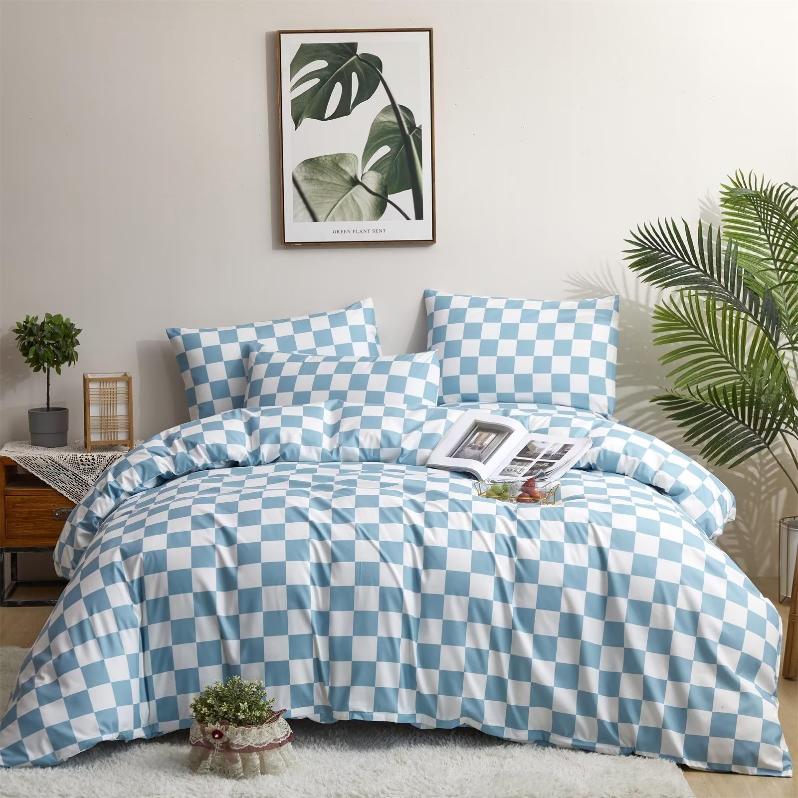 Houseri Plaid Blue and White Duvet Cover Queen Light Blue Checkerboard Bedding Sets Full Size Teen Boys Girls Baby Blue Grid Modern Aqua Blue Buffalo Checkered Duvet Cover Queen Water Blue Bedding