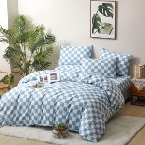 Houseri Plaid Blue and White Duvet Cover Queen Light Blue Checkerboard Bedding Sets Full Size Teen Boys Girls Baby Blue Grid Modern Aqua Blue Buffalo Checkered Duvet Cover Queen Water Blue Bedding