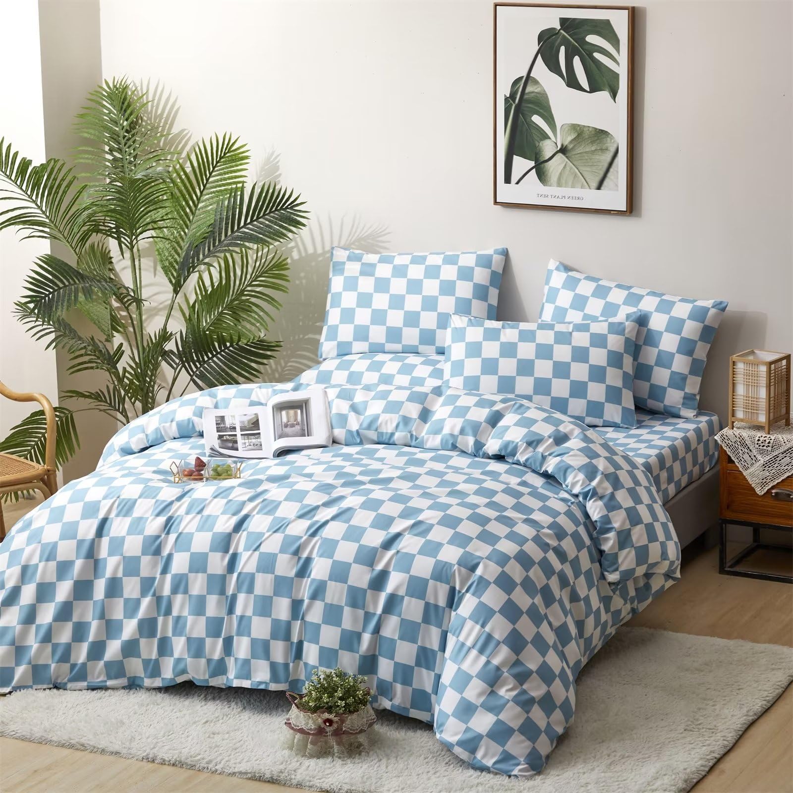 Houseri Plaid Blue and White Duvet Cover Queen Light Blue Checkerboard Bedding Sets Full Size Teen Boys Girls Baby Blue Grid Modern Aqua Blue Buffalo Checkered Duvet Cover Queen Water Blue Bedding