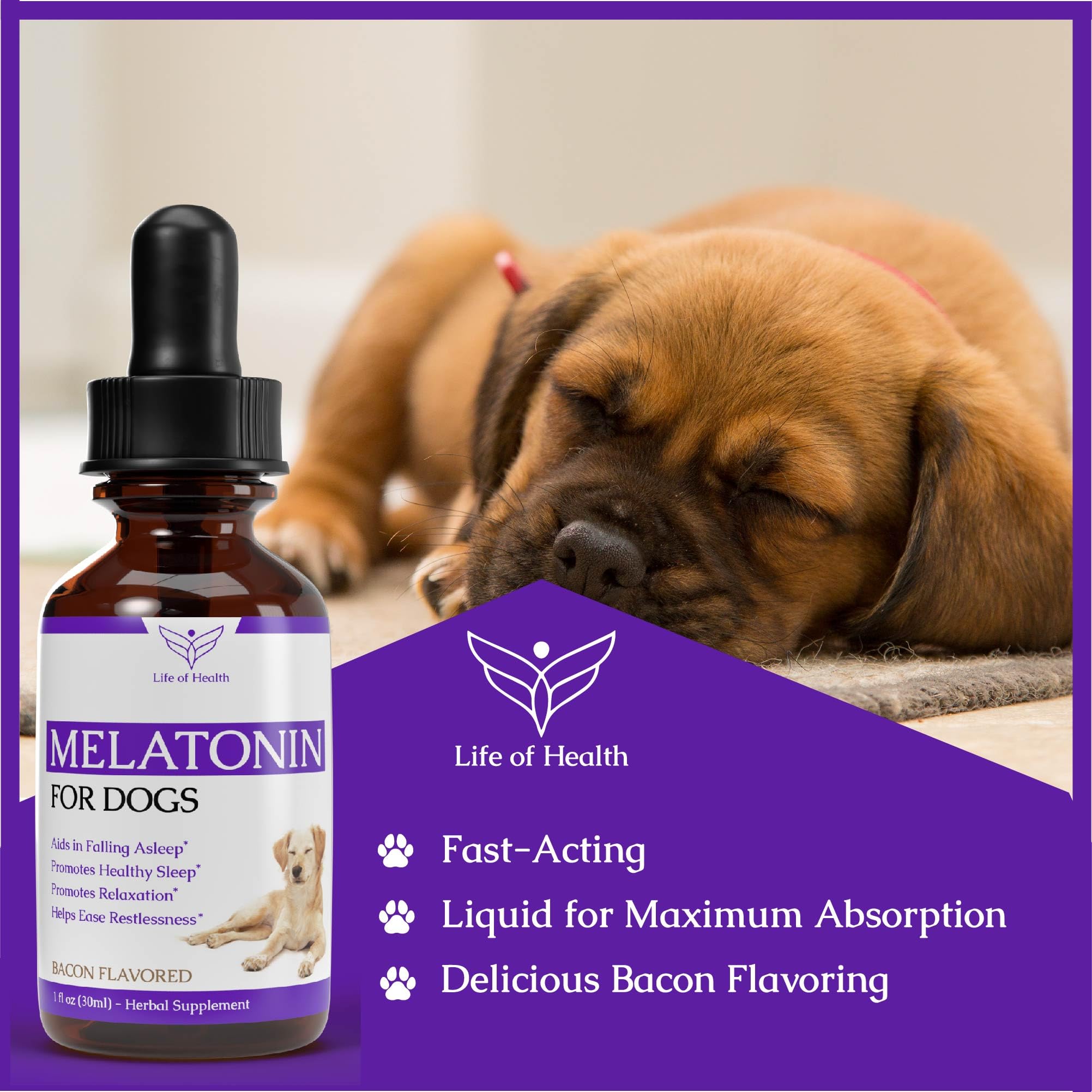 Dog Melatonin | Melatonin for Dogs | Melatonin for Dogs Sleep | Sleep Aid for Dogs | Dog Sleep Aid | Dog Calming | Calming for Dogs | Dog Calming Treats | Dog Anxiety Relief | 1 fl oz Bacon Flavor