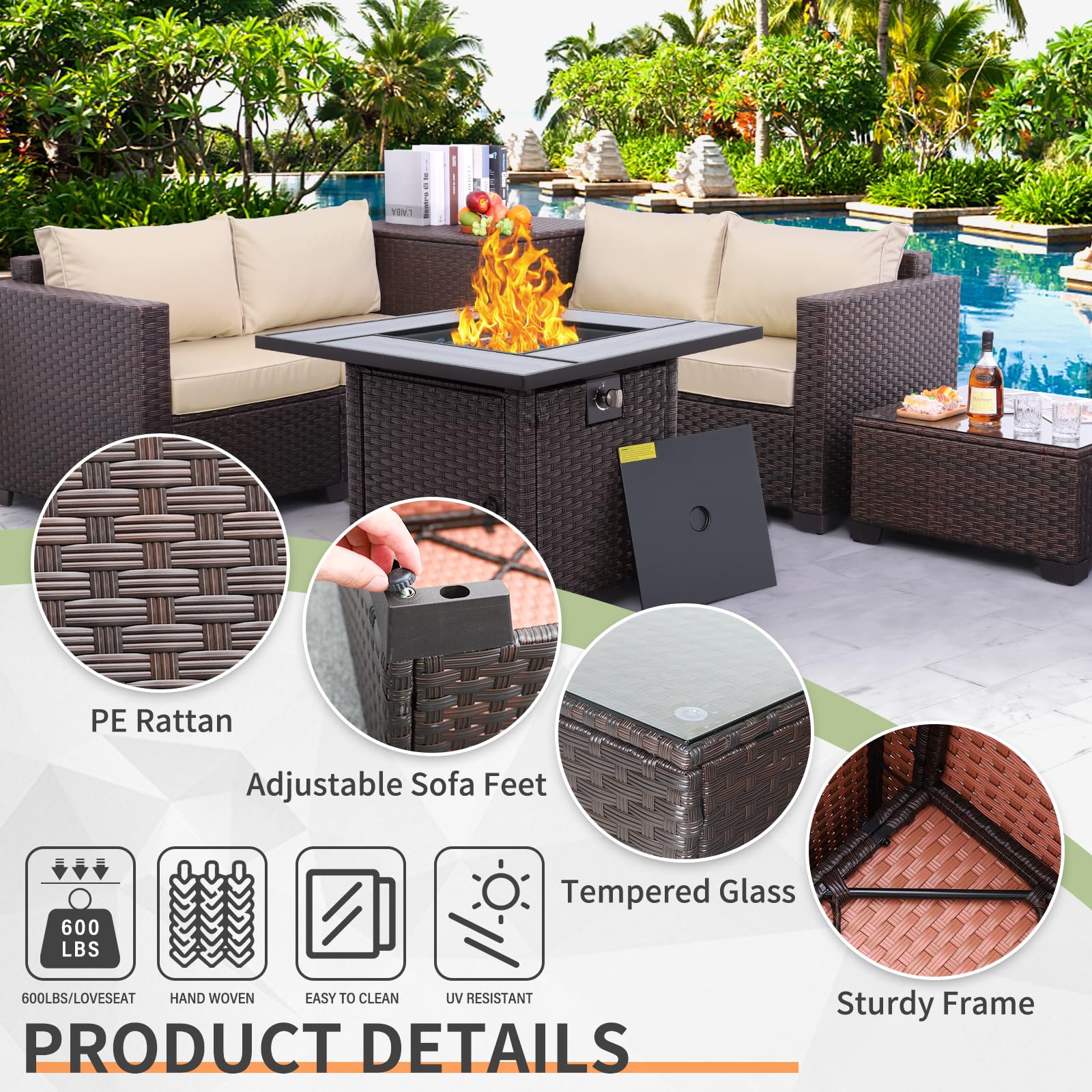 WAROOM 5 Pieces Patio Furniture Set PE Wicker Outdoor Brown Rattan Sectional Sofa Loveseat Couch Conversation Chair with Storage Bin Coffee Table and Propane Fire Pit, Anti-Slip Khaki Cushion