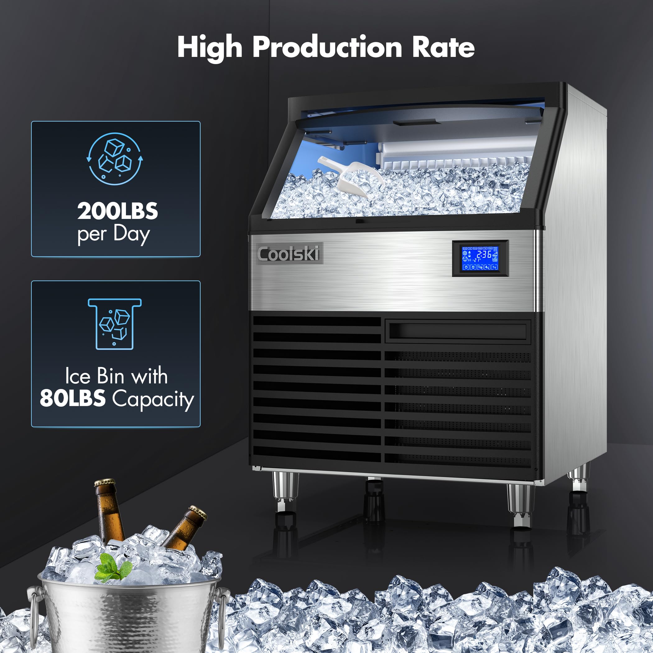 Coolski Commercial Ice Maker Machine 200LBS/24H, 26’’ Under Counter Ice Machine with 80LBS Storage Capacity, Stainless Steel Ice Maker for Restaurant/Bar/Home, Air Cooled/Clear Ice Cubes/ETL Approved