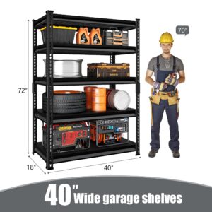 Rufokisa 5-Tier Garage Shelving Heavy Duty，72" Metal Shelving Unit for Garage, 2250 lbs Load Capacity Utility Rack Shelves＆ Garage Shelves, 40”W x 18”D x 72”H(Black)