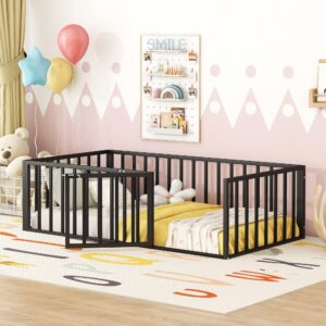 Twin Size Floor Bed for Kids, Montessori Beds with Rails and Door, Metal Playhouse Bed Frame with Fence for Boys Girls, Black