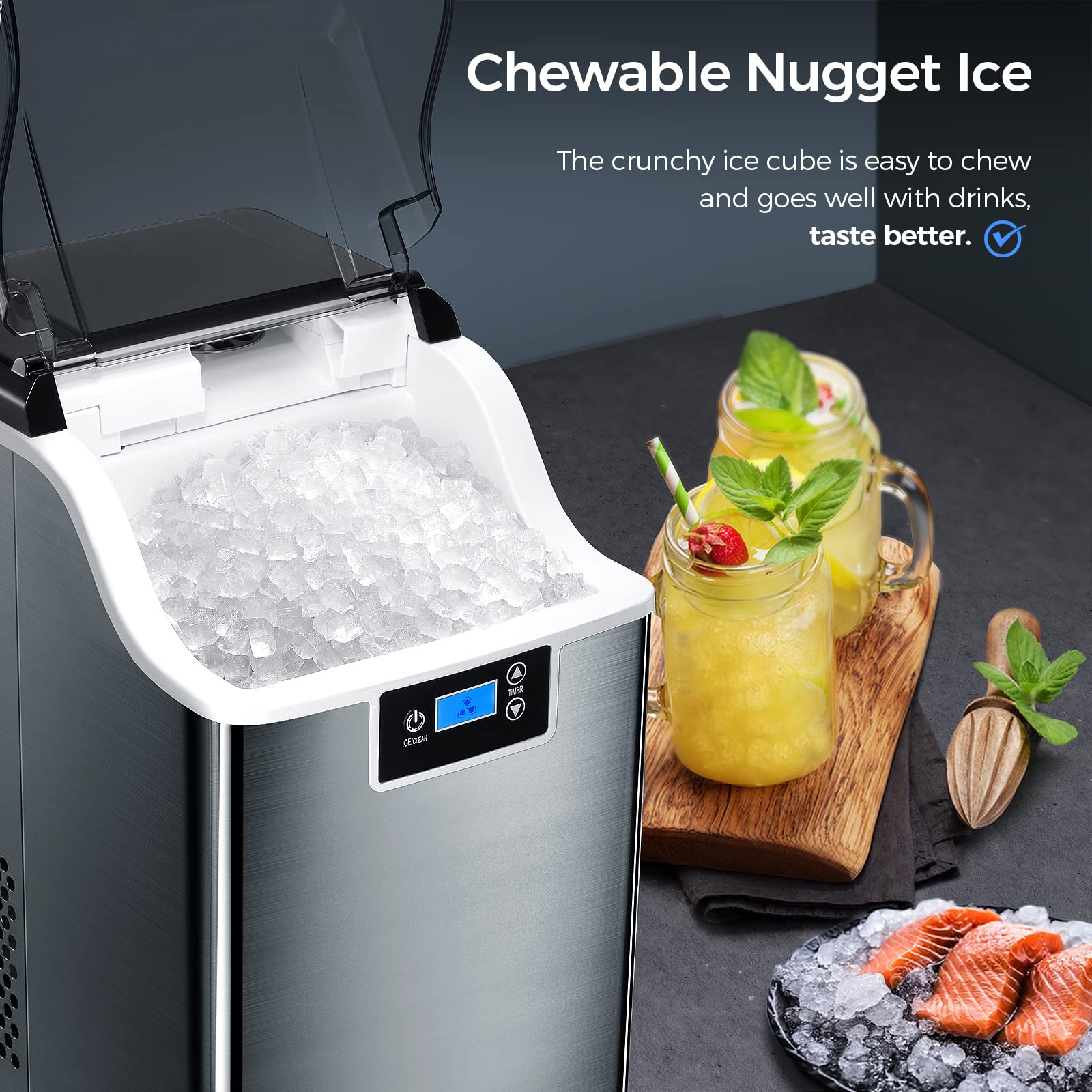 Nugget Countertop Ice Maker with Soft Chewable Pellet Ice, Self Cleaning,44lbs/Day,LED 24H Timer, with Ice Scoop and Ice Basket,Sonic ice for Home & Kitchen Bar Party,Stainless Steel Silver