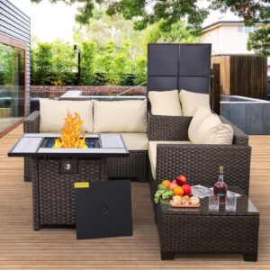 WAROOM 5 Pieces Patio Furniture Set PE Wicker Outdoor Brown Rattan Sectional Sofa Loveseat Couch Conversation Chair with Storage Bin Coffee Table and Propane Fire Pit, Anti-Slip Khaki Cushion