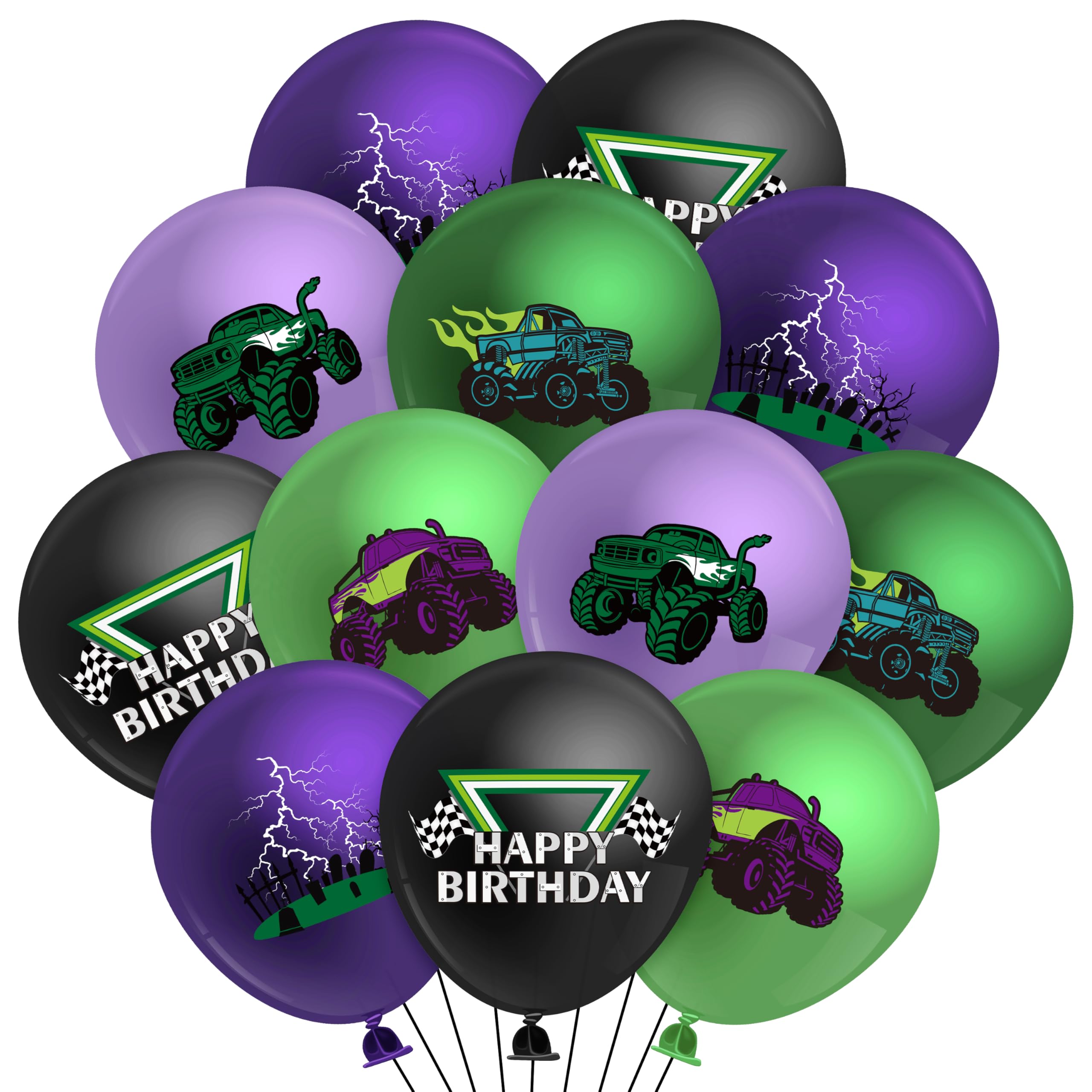 Haooryx 50Pcs Green And Purple Monster Truck Balloon Kit Monster Truck Lightning Print Latex Balloons for Boys Girls Baby Shower Decor Birthday Monster Truck Theme Party Decoration Photo Prop