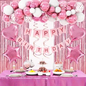 rubfac pink birthday decorations for women and girls, happy birthday banner, pink fringe curtain, pink confetti balloons, heart shape foil balloons for women girls birthday princess party