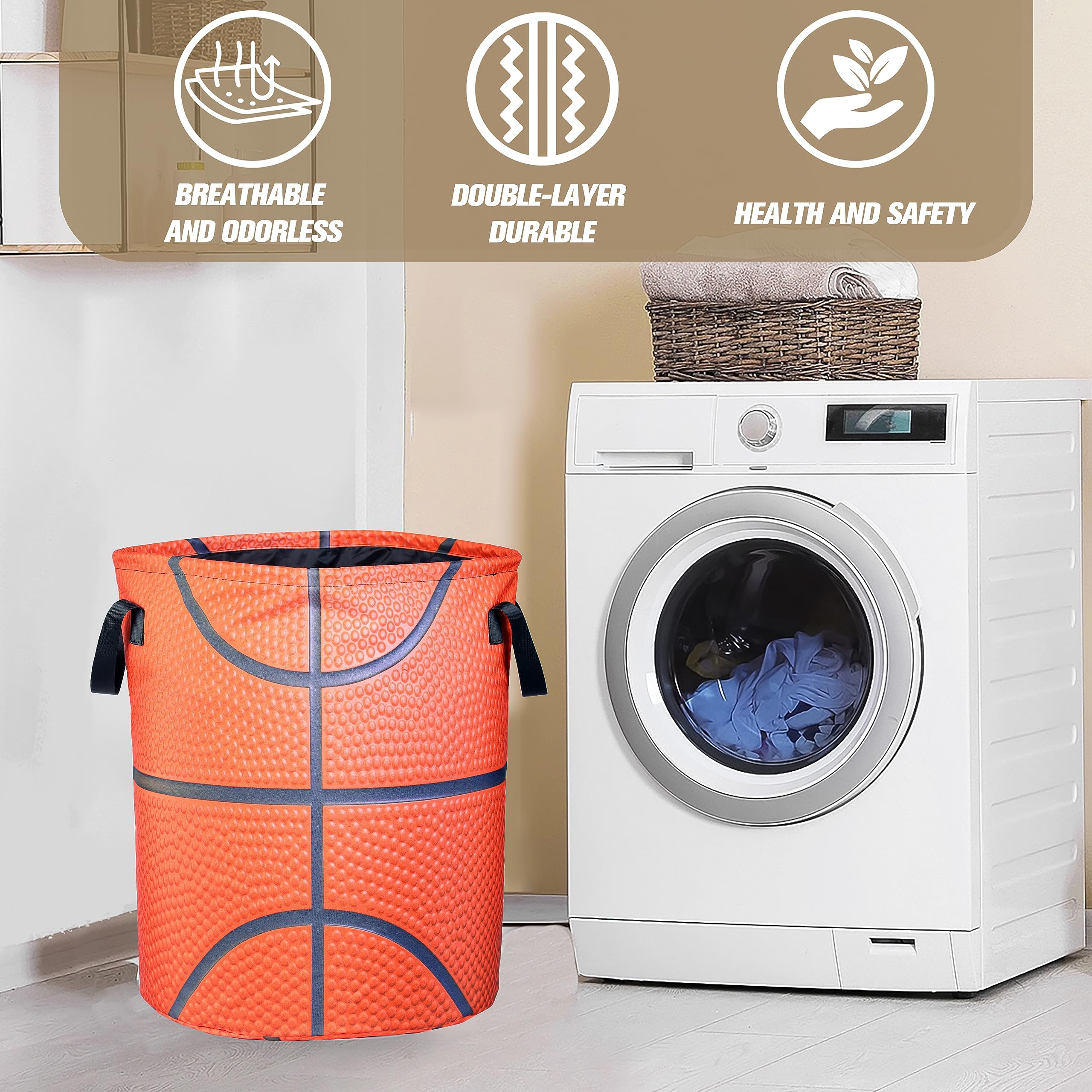 Basketball Texture Laundry Basket Ball Foldable Waterproof Oxford Cloth Funny Tote Bag Laundry Hamper Clothes Storage Bucket Toy Organizer For Bathroom/Laundry Storage/Bedroom 17.7x13.7 Inch