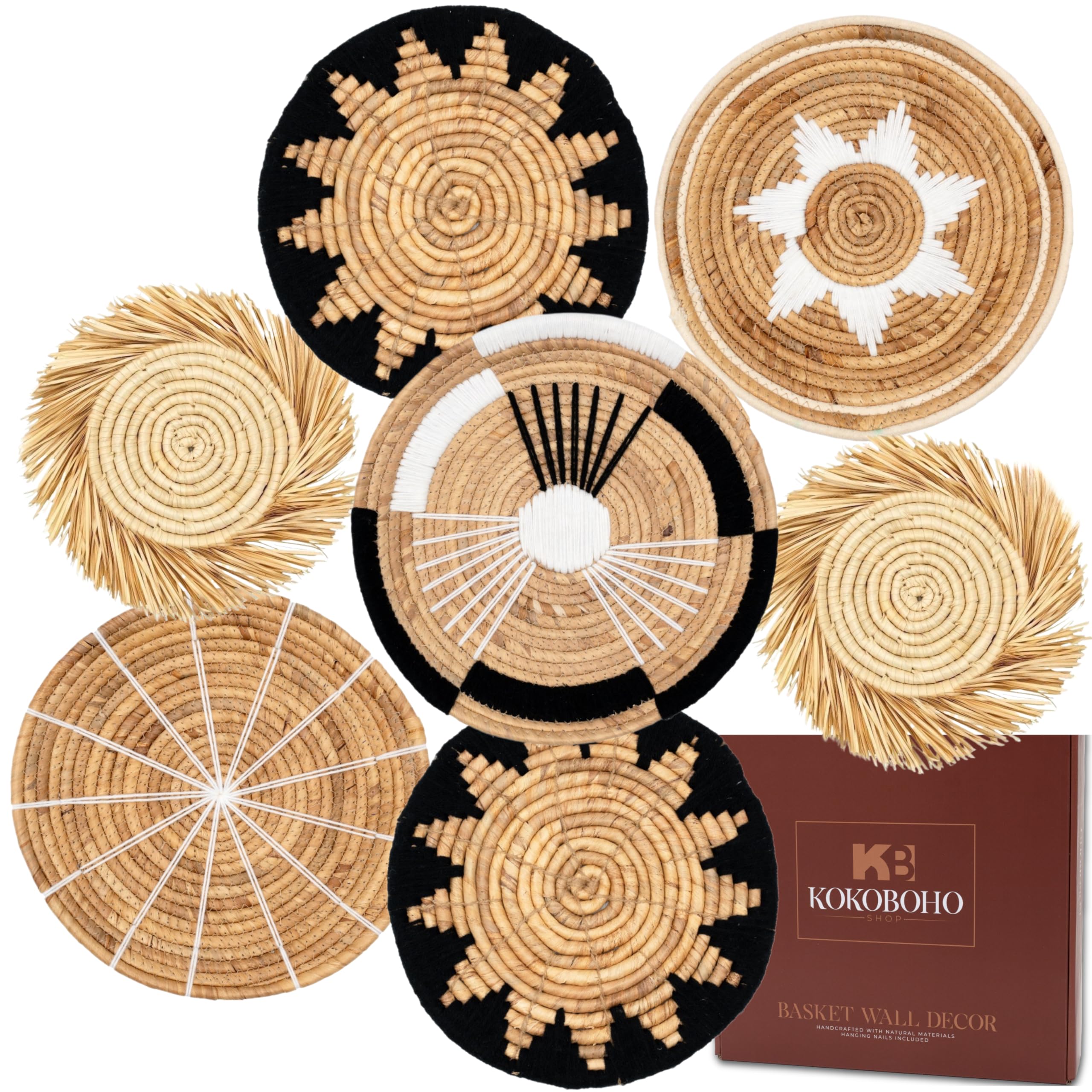 Kokoboho - Wall Basket Decor Set of 7 (Large Setup Sizes, for Example: 55" x 39" and 47" x 26") - Infused with Boho Style & Natural Elegance - Handcrafted Vietnamese Artistry with Seagrass. Basket sizes: 1 x 13.8", 2 x 13", 2 x 11.8", 2 x 11"