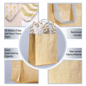 Offizon 6 Pack Medium Golden Grocery Bags, 8x4x10 Inches Reusable Gift Bags with Gold Tissue Paper, Water-proof Shopping Bags, Foldable Bags for Celebrations and Weddings (20x10x25cm)