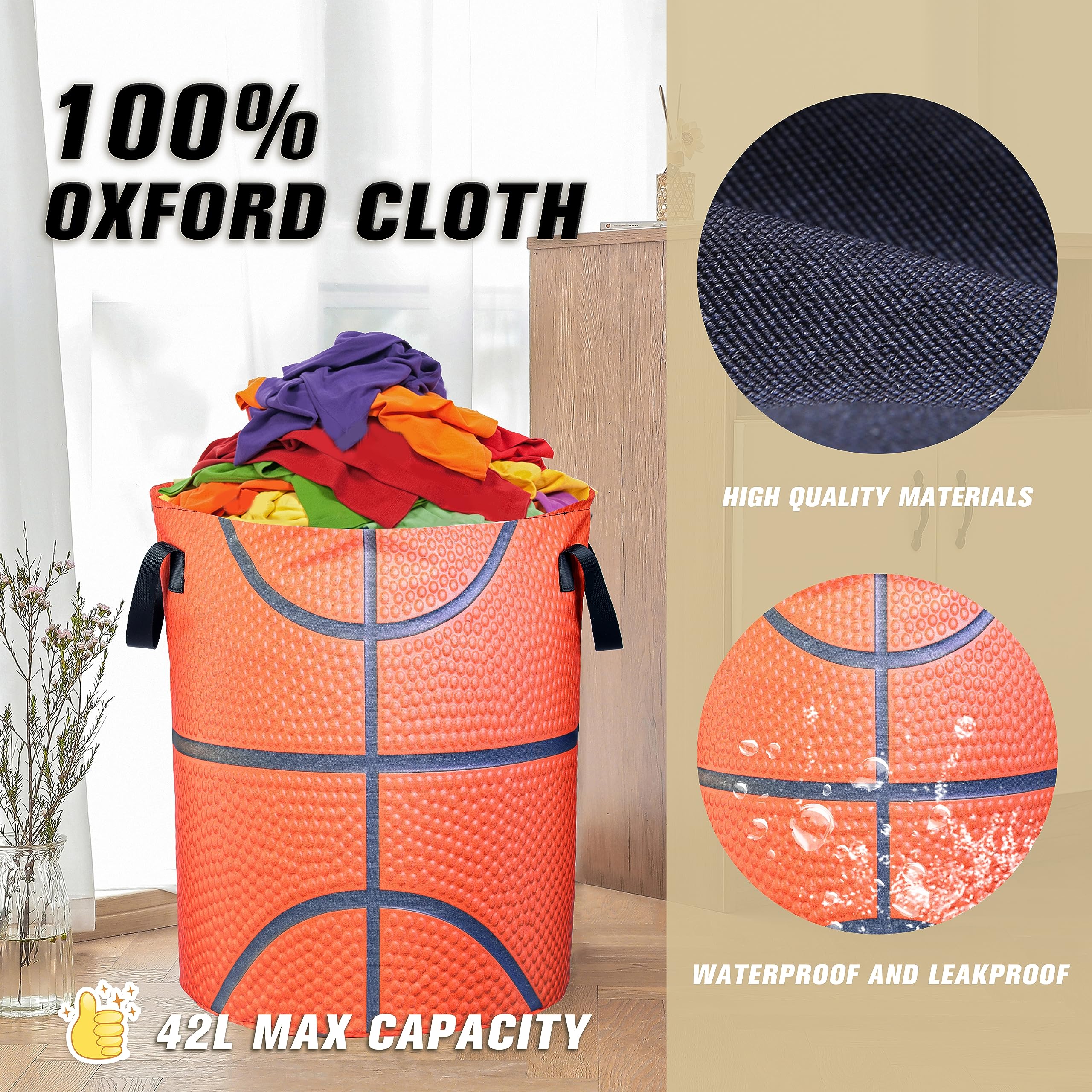 Basketball Texture Laundry Basket Ball Foldable Waterproof Oxford Cloth Funny Tote Bag Laundry Hamper Clothes Storage Bucket Toy Organizer For Bathroom/Laundry Storage/Bedroom 17.7x13.7 Inch