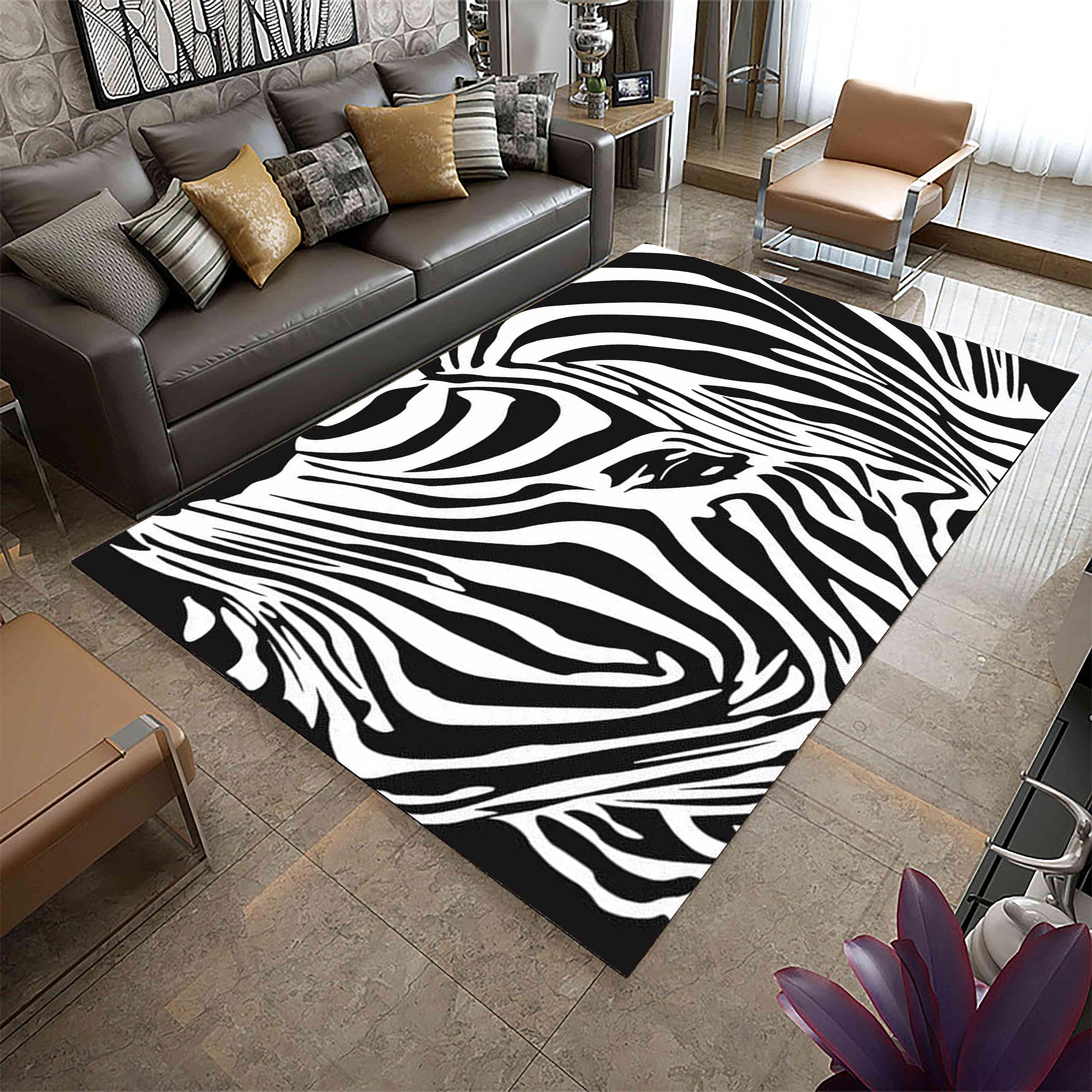 Fouiunler Zebra Area Rug, 2x3ft, Black and White Striped Rug, Wild Animal Print Non-Slip Washable Rugs, Modern Flannel Rugs for Living Room， Indoor Bedroom Dining Room Maximalist Rug