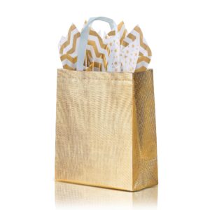 Offizon 6 Pack Medium Golden Grocery Bags, 8x4x10 Inches Reusable Gift Bags with Gold Tissue Paper, Water-proof Shopping Bags, Foldable Bags for Celebrations and Weddings (20x10x25cm)