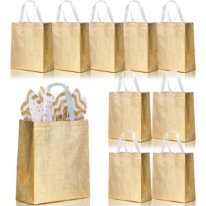 offizon 6 pack medium golden grocery bags, 8x4x10 inches reusable gift bags with gold tissue paper, water-proof shopping bags, foldable bags for celebrations and weddings (20x10x25cm)