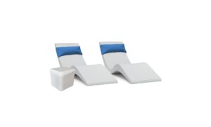 aqua outdoors in-pool chaise set - two chaises - two headrest pillows and one in pool side table - for ledges up to 9" inches (white granite-blue)