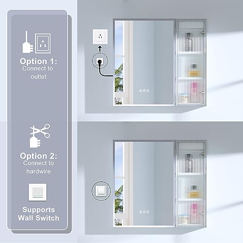 WELLFOR 30 X 28 Inch LED Lighted Bathroom Medicine Cabinet with Mirror, Bathroom Vanity Mirror Cabinet with Dimmable Lights and Defogger, 3 Solid Wood Shelves, Ample Storage Space, Quiet Closing Door