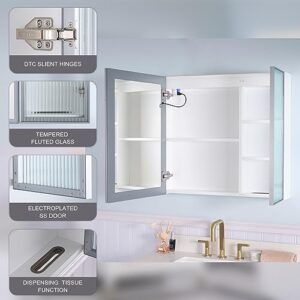 WELLFOR 30 X 28 Inch LED Lighted Bathroom Medicine Cabinet with Mirror, Bathroom Vanity Mirror Cabinet with Dimmable Lights and Defogger, 3 Solid Wood Shelves, Ample Storage Space, Quiet Closing Door