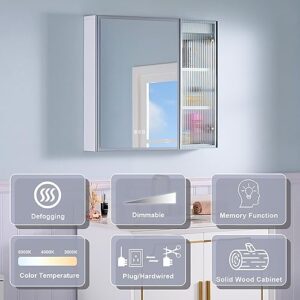 WELLFOR 30 X 28 Inch LED Lighted Bathroom Medicine Cabinet with Mirror, Bathroom Vanity Mirror Cabinet with Dimmable Lights and Defogger, 3 Solid Wood Shelves, Ample Storage Space, Quiet Closing Door