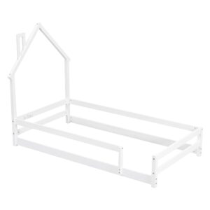 Dolonm Twin Size Montessori Toddler Floor Bed Frame, Modern House-Shaped Frame Headboard Bed with Fences, Pine Wood with Full-Length Guardrails, Bed for Girls Boys(Without Slats), White