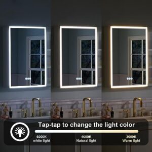 WELLFOR 30 X 28 Inch LED Lighted Bathroom Medicine Cabinet with Mirror, Bathroom Vanity Mirror Cabinet with Dimmable Lights and Defogger, 3 Solid Wood Shelves, Ample Storage Space, Quiet Closing Door