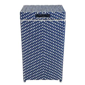 24/7 Shop at Home Locke Coastal Aluminum and All-Weather Wicker Outdoor Trash Can with Lid for Outdoor, Patio, Pool Area, Garden, Navy Blue and White