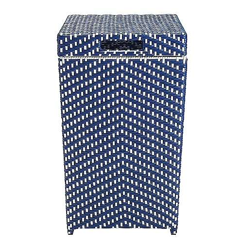 24/7 Shop at Home Locke Coastal Aluminum and All-Weather Wicker Outdoor Trash Can with Lid for Outdoor, Patio, Pool Area, Garden, Navy Blue and White