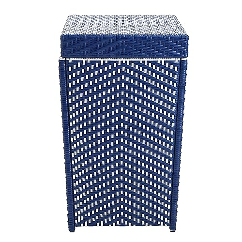 24/7 Shop at Home Locke Coastal Aluminum and All-Weather Wicker Outdoor Trash Can with Lid for Outdoor, Patio, Pool Area, Garden, Navy Blue and White