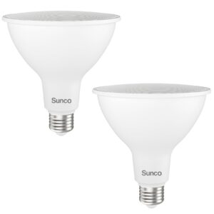 sunco 2 pack 1800 lumens outdoor led flood light waterproof par38 led bulb, dimmable, 15w=150w, 5000k daylight, e26 base, ul listed